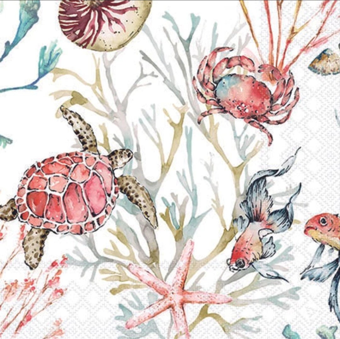 Decoupage Napkins Ocean Crab Coral Paper Napkins Set of 3 Cocktail Size ...