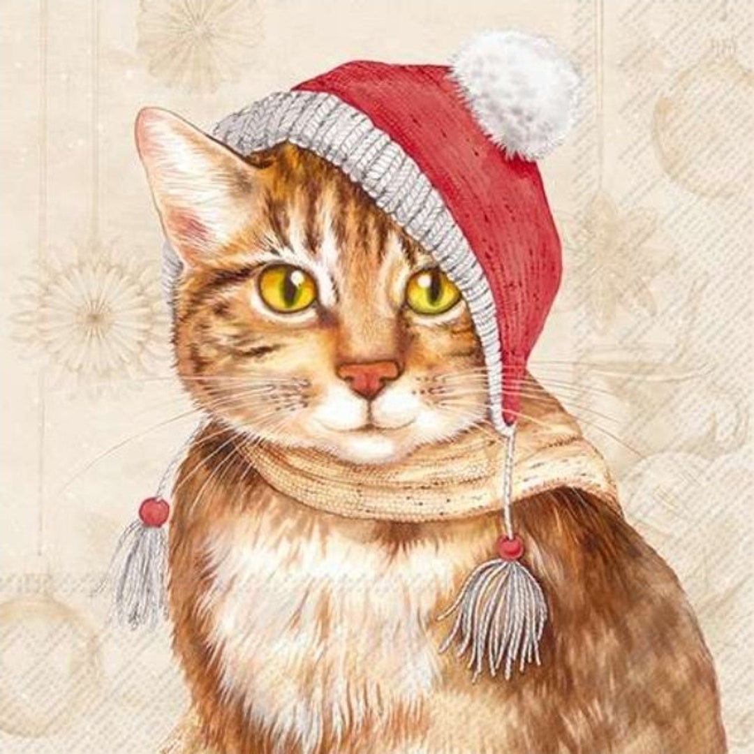Decoupage Napkins- Cat Christmas Paper Napkins- Set of 3 - Luncheon ...