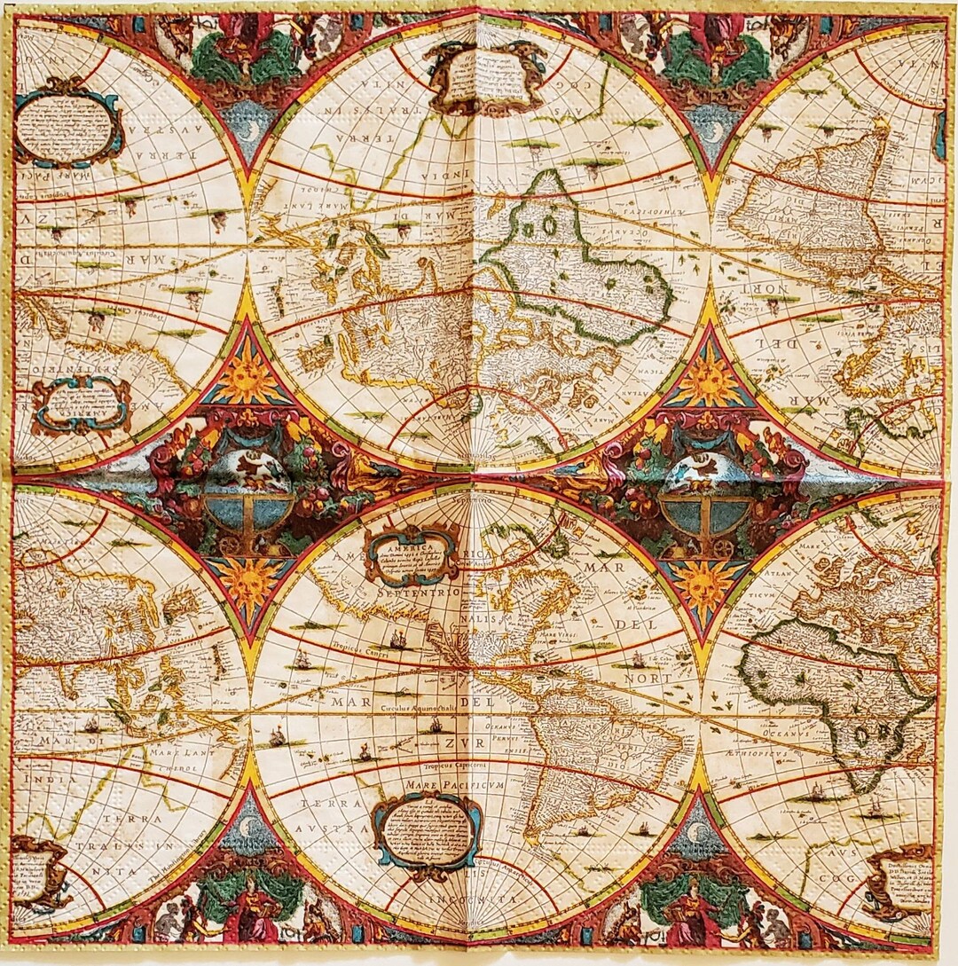 Decoupage Napkins World Map Atlas Paper Napkins Set of 3 Cocktail Size ...