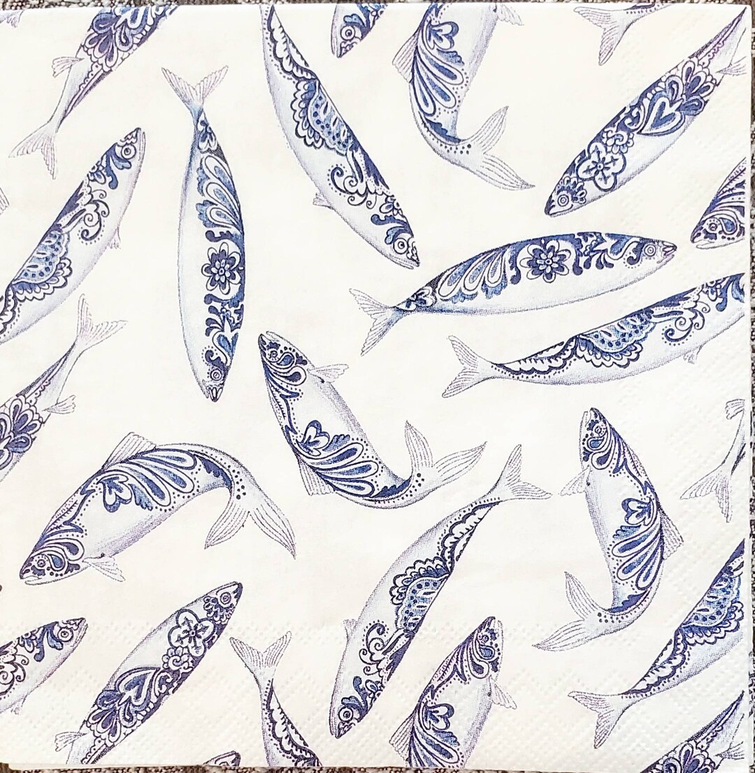 Decoupage Napkins- Blue White Fish Paper Napkins- Set of 3- Cocktail ...