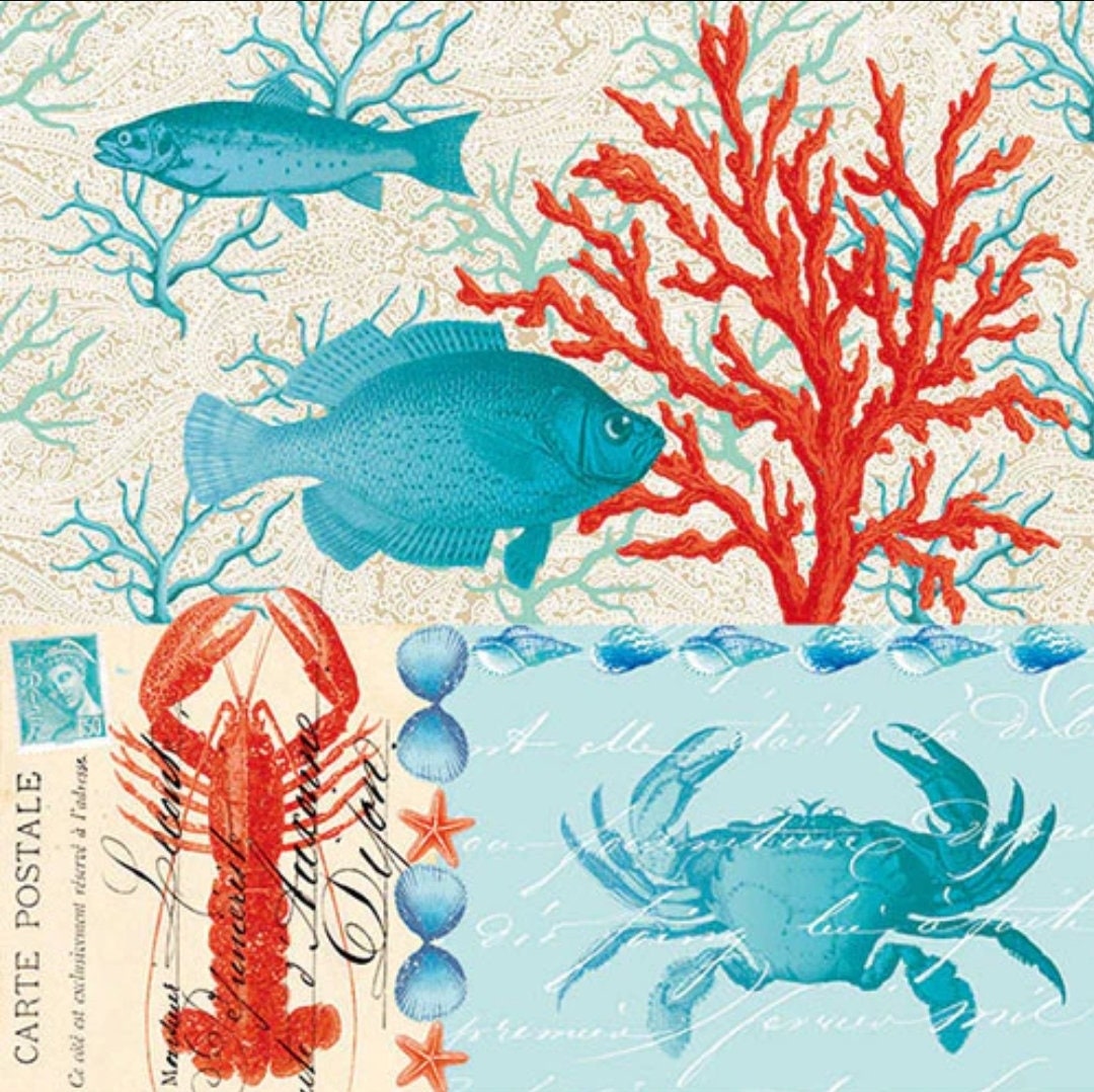 Decoupage Napkins- Fish Coral Lobster Crab Paper Napkins- Set of 3 ...