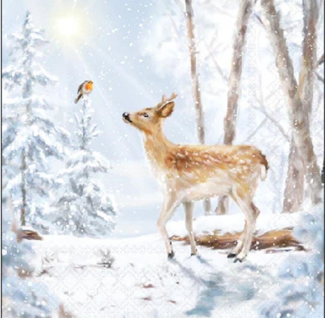 Decoupage Napkins- Deer & Robin Paper Napkins- Set of 3- Cocktail Size ...