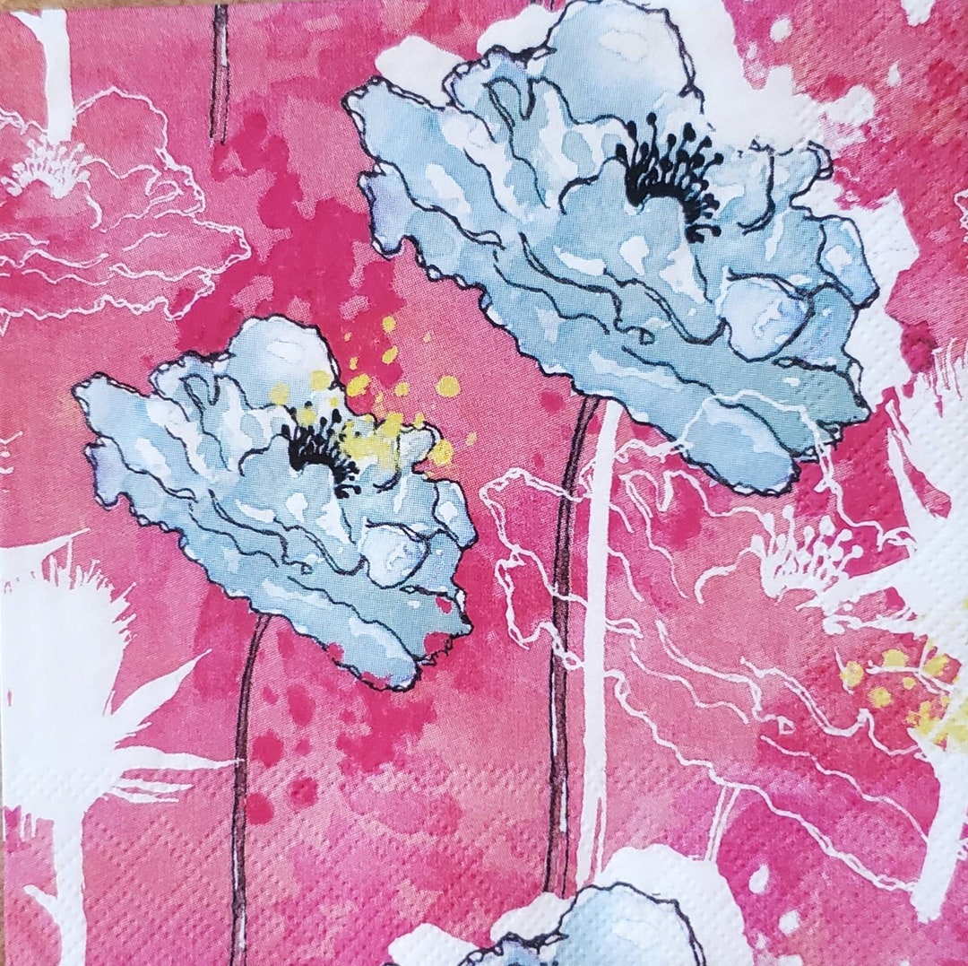 Decoupage Napkins- Pink Blue Poppy Flower Paper Napkins- Set of 3 ...