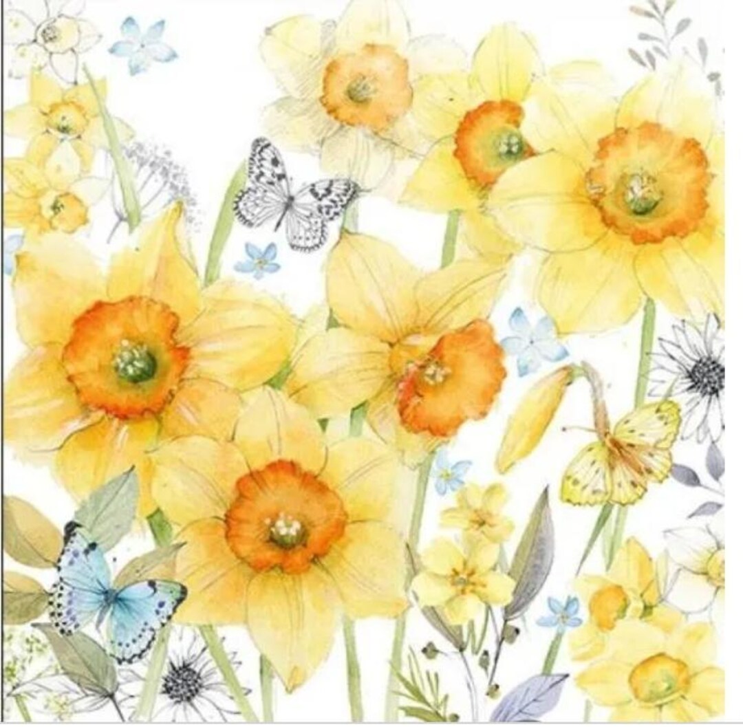 Decoupage Napkins- Daffodil Floral Paper Napkins- Set of 3- Cocktail ...