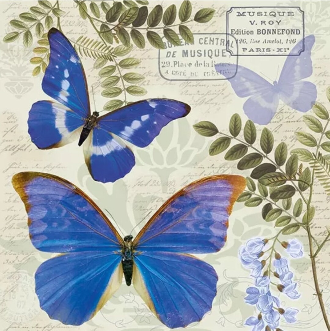 Decoupage Napkins- Blue Butterfly Paper Napkins- Set of 3 - Luncheon ...