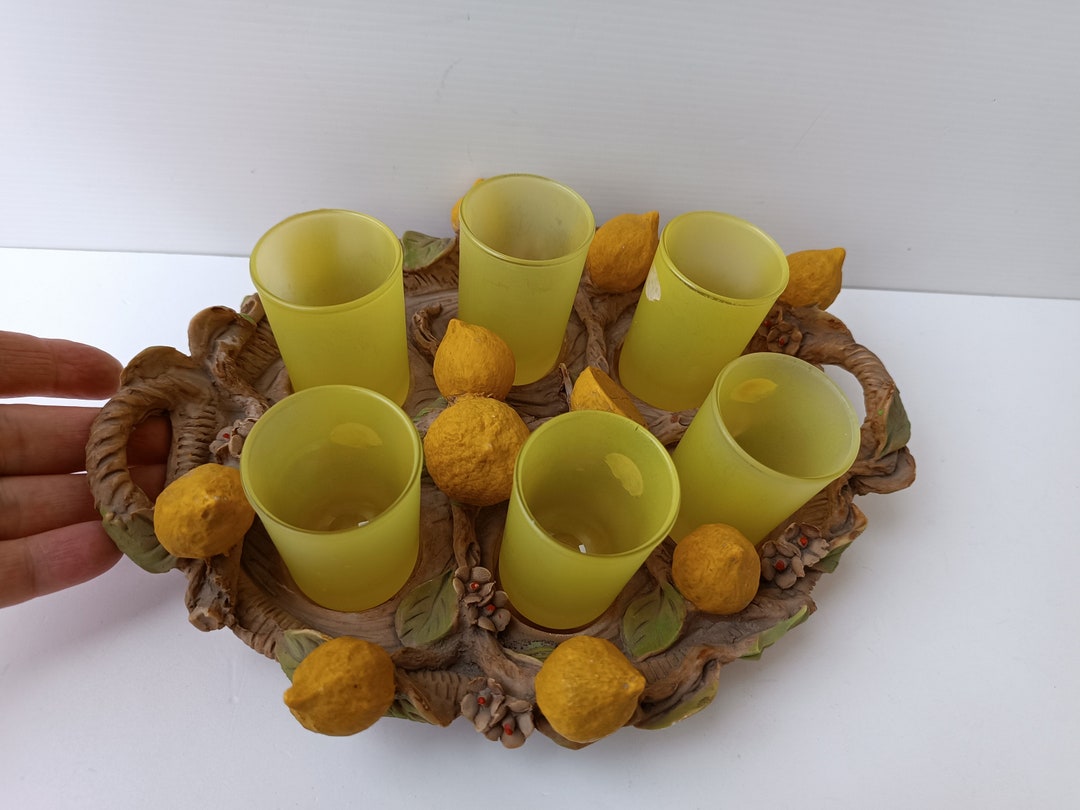 Vintage Italy Rare 6 Limoncello Shot Glasses Service Resin Tray Frosted ...