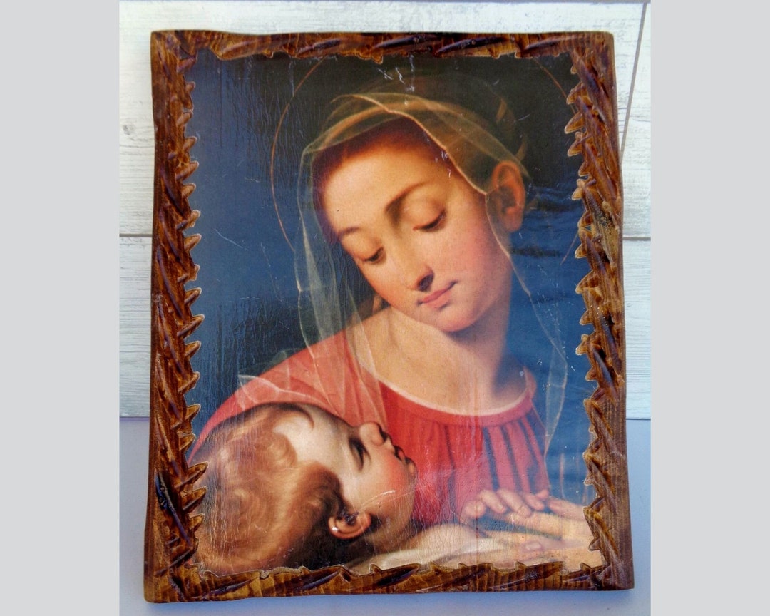 Madonna With Child, Lithograph Transferred Onto the Wooden Board, Hand ...