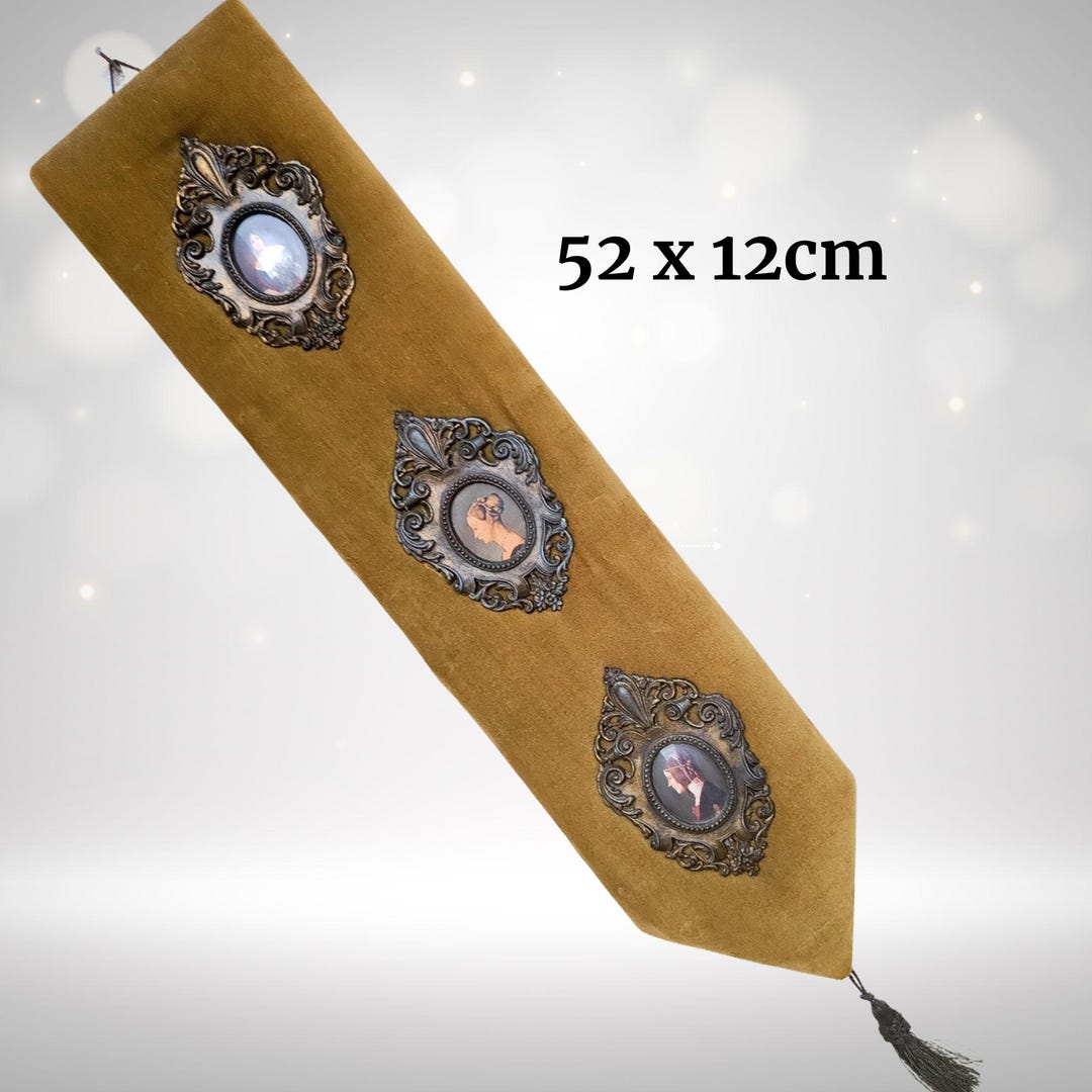 3 Brass Ornate Picture Old Stamps on Khaki Color Velvet Covered ...