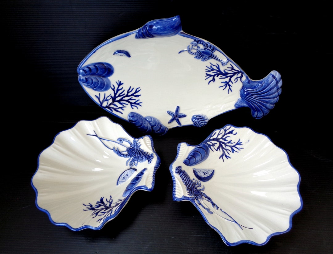 Ceramic Fish Shape Dish / Shell Shape Bowls With 3D Lobster and Shells ...