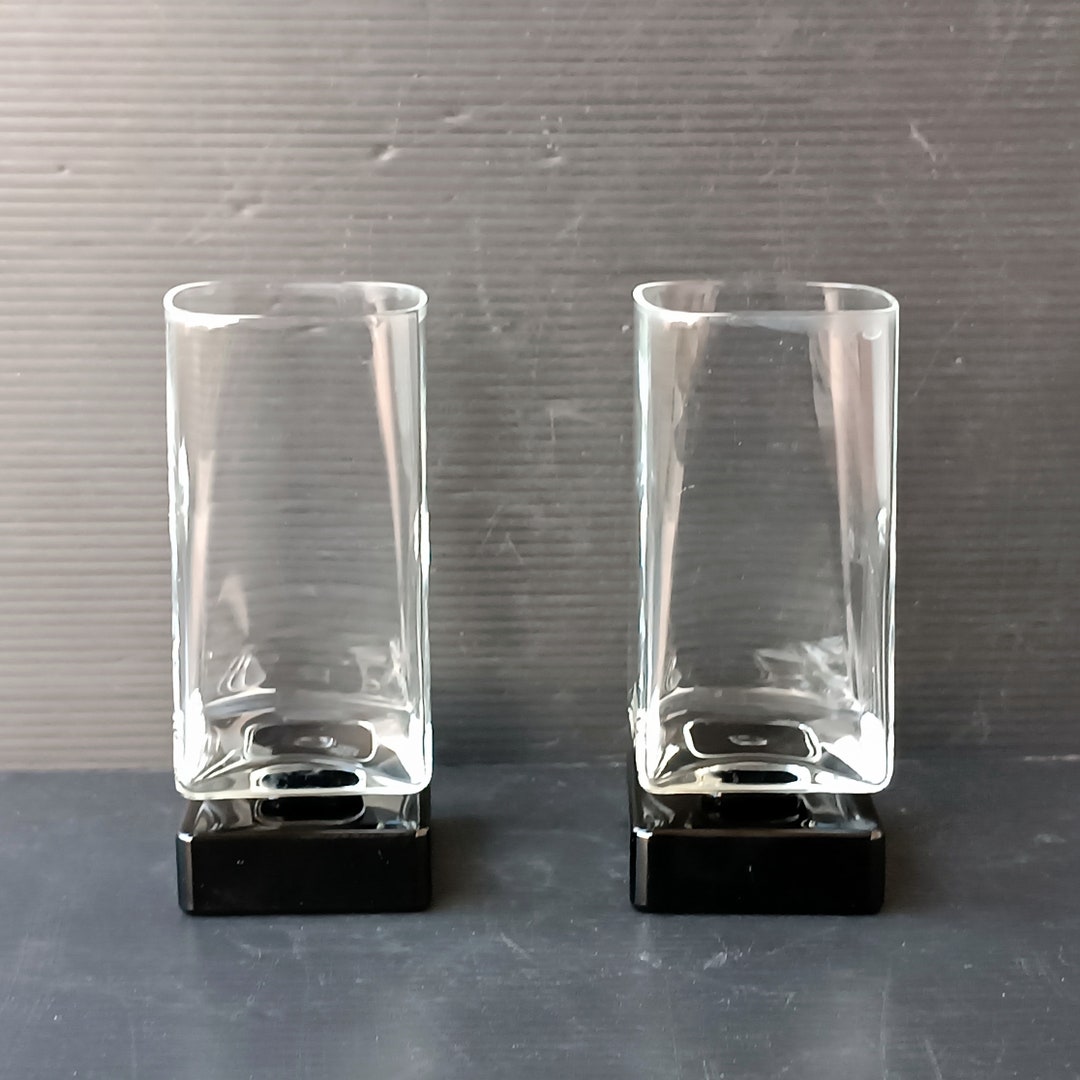Vintage Pair of Square Glassware, Black Pedestal Bases, Mid Century ...