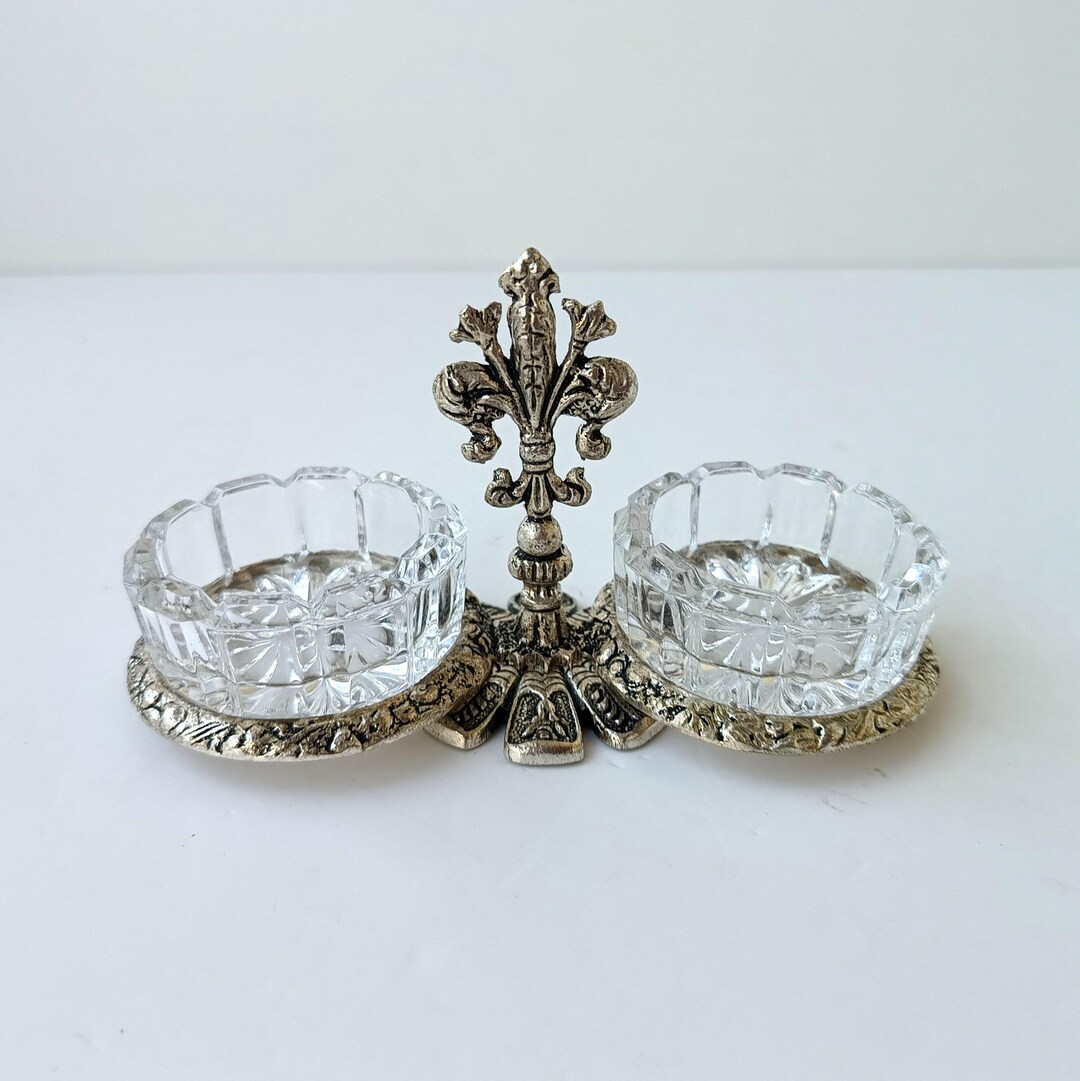 Antique Italian Vintage Double Salt Cellar – Ornate Metal Base & Cut ...
