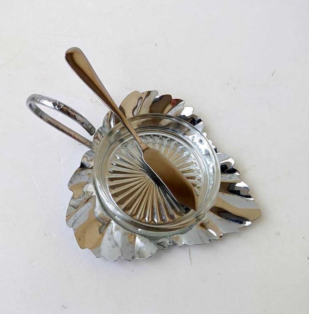 Vintage Inox Leaf Shape Butter/ Caviar Handled Dish With Glass Bowl ...