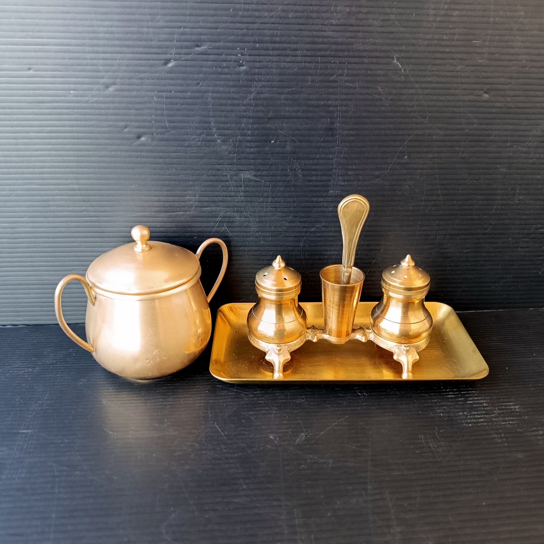 Vintage Italian Nice Heavy Brass Set Salt Pepper Cellars With Toothpick ...