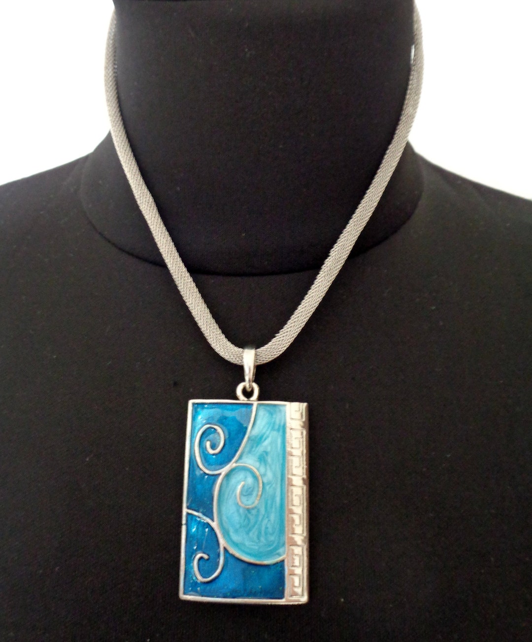 Vintage Blue Shades Cloisonne Colors Pendant With Chain, Blue Enamelled ...