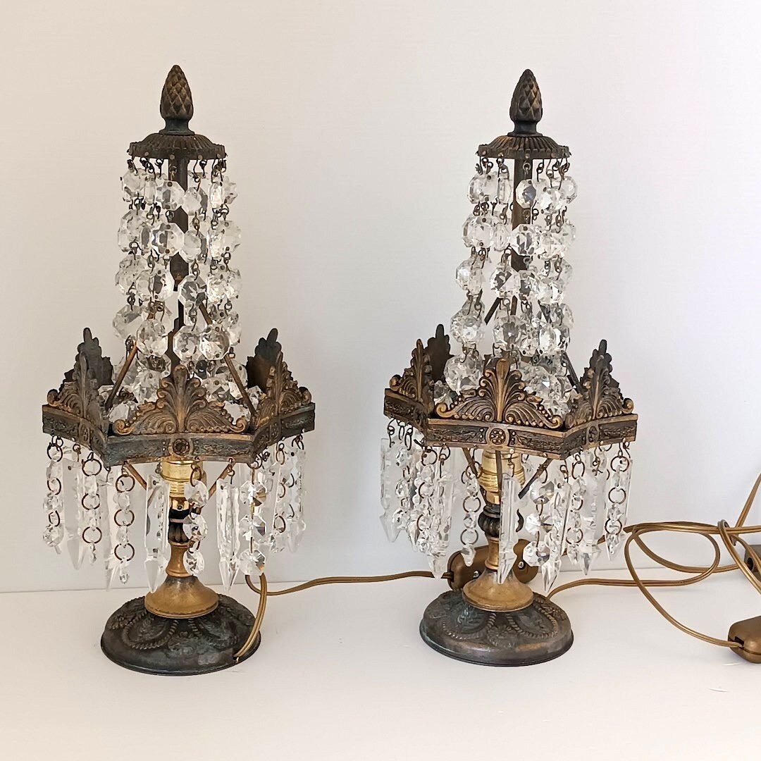 The Pair of Working Antique Italian Heavy Brass and Crystal Elements ...