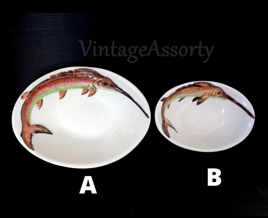 Ceramic Fish Serve Deep Dish, Oval Plate With 3D Swordfish, Hand ...
