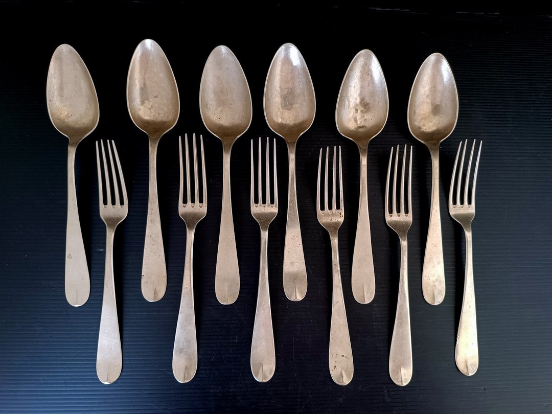 Set for 6 Vintage Italy 20s Old Dirty Alpacca, 12 Spoons and Forks ...