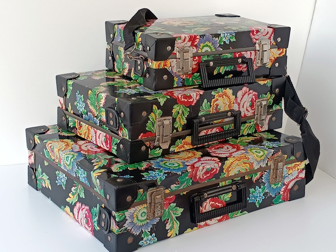 Set of 3 Vintage Floral Cardboard Storage Suitcases, Black Cardboard ...
