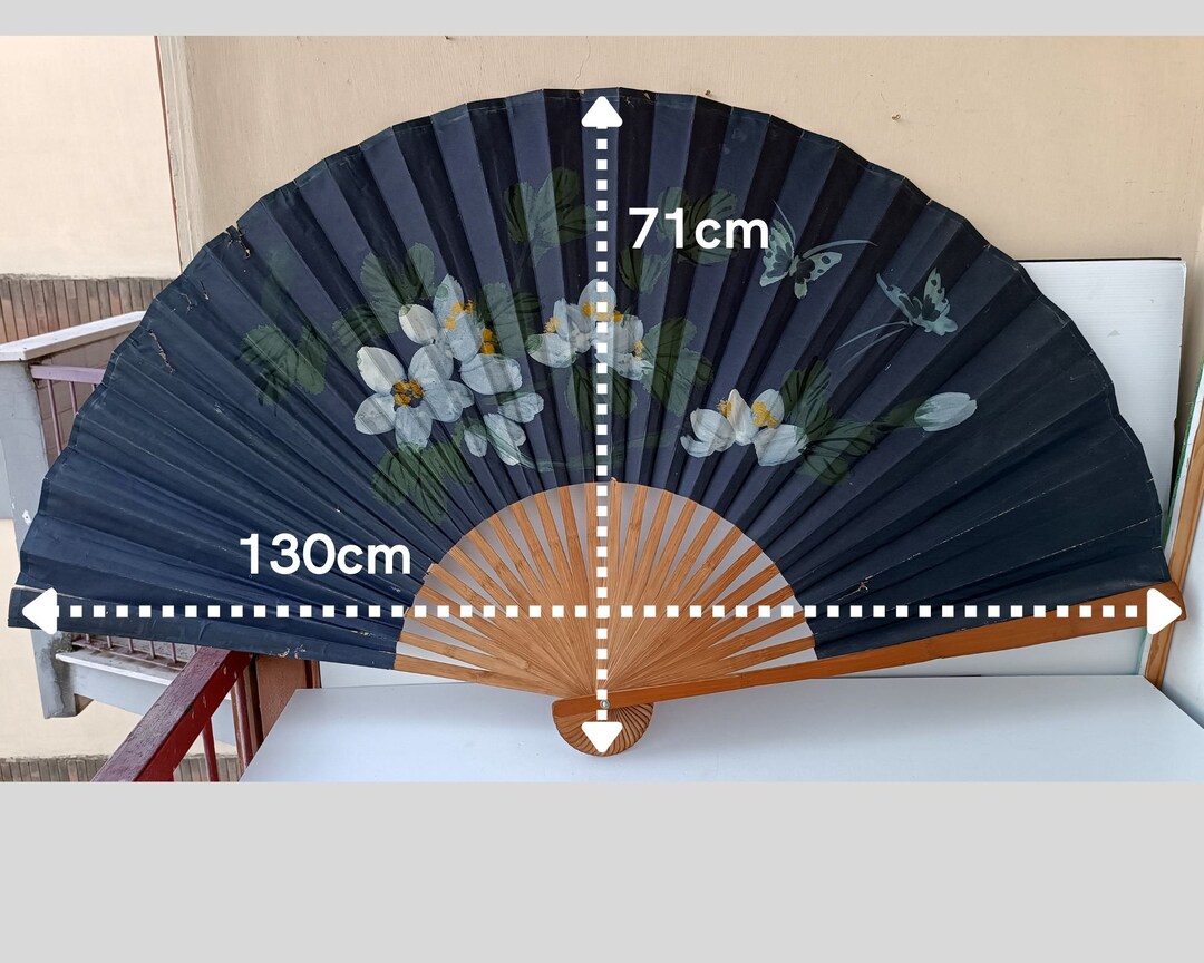 Giant Antique Wall Decoration Fan, 1900s Fan, Dark Blue Hand-painted ...