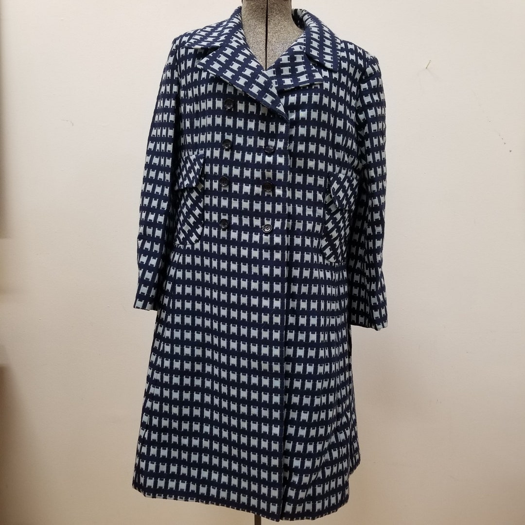 1960s Double Breasted Mod Coat, Blue Houndstooth Geometric Coat Vintage ...