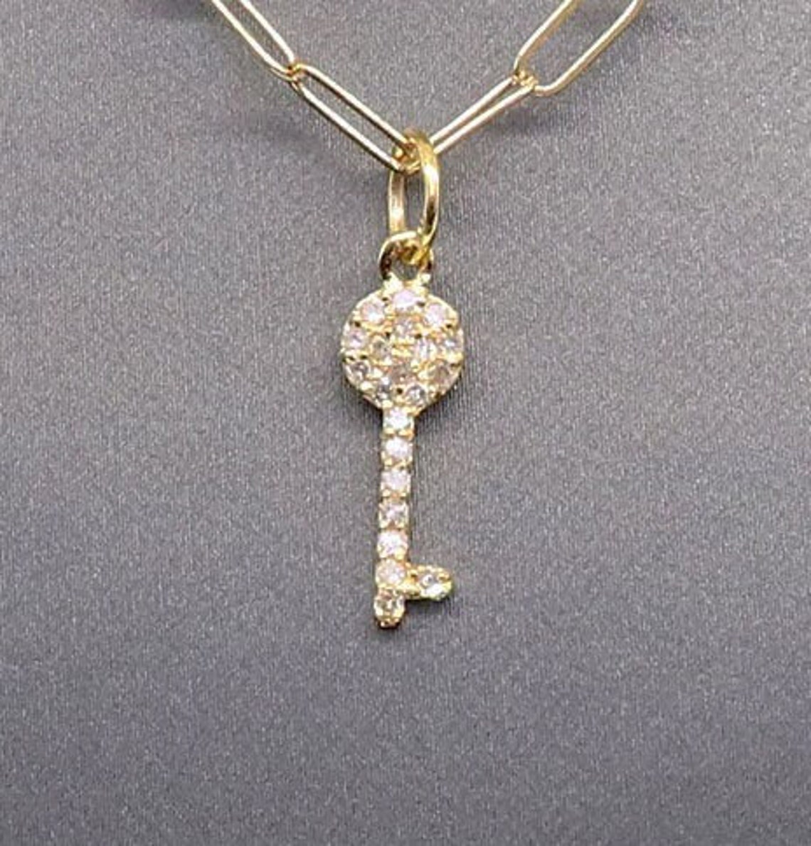 14k Solid Gold & Diamond Vintage Inspired Key Charm, Yellow Gold, Full ...