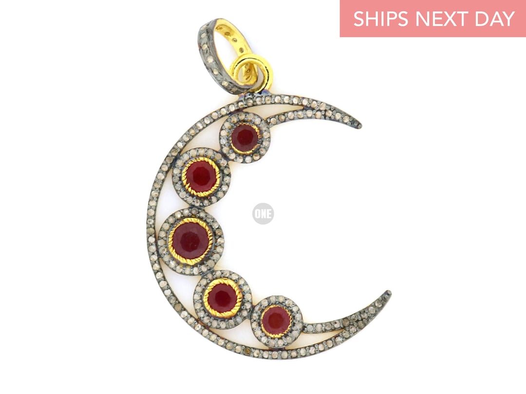 Sterling Silver, Pave Diamond Ruby Crescent Moon Pendant, (7113-DRB) - Etsy