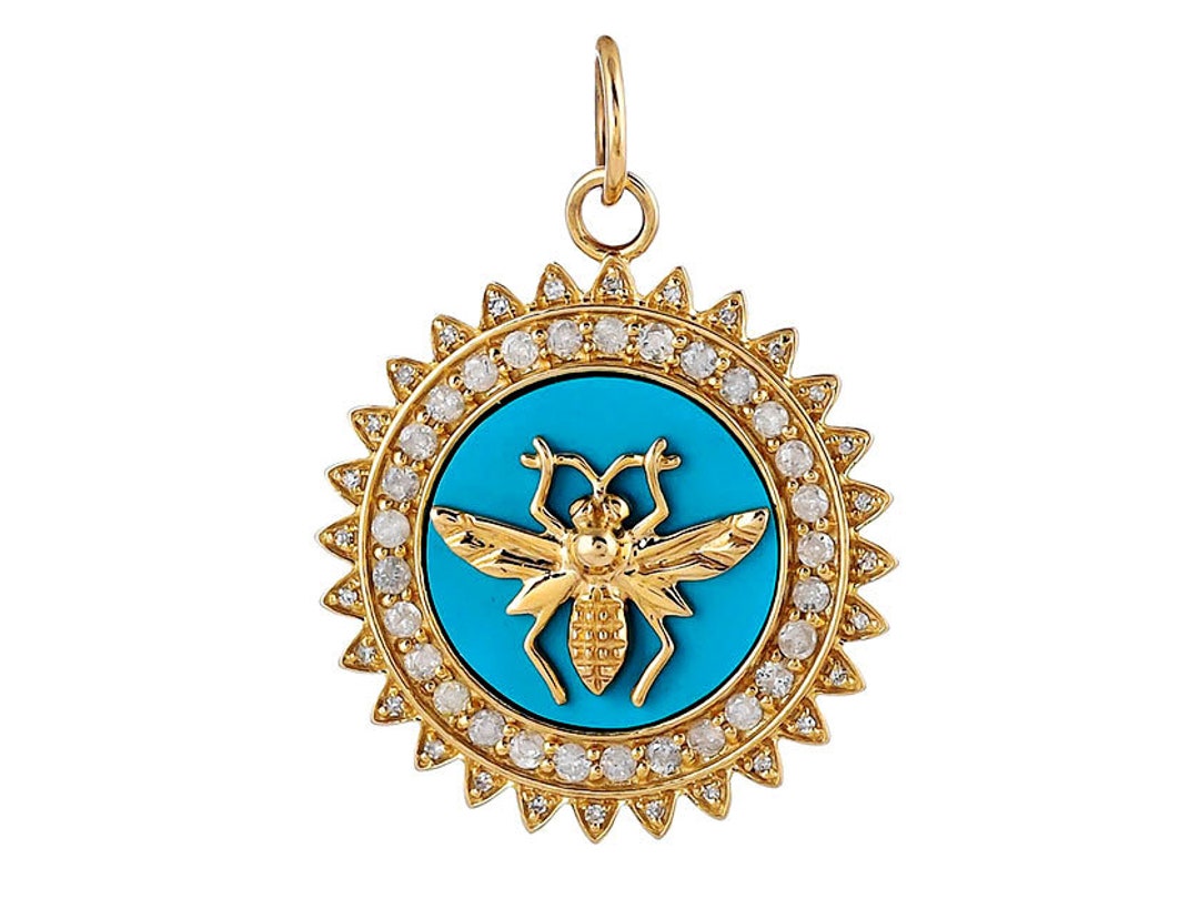 14K Solid Gold Pave Diamond & Turquoise Bee Pendant, (14K-DP-019) - Etsy
