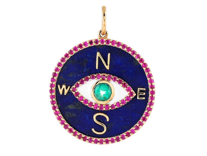 14K Solid Gold Pave Diamond & Lapis Compass North Star Pendant, (14K-DP ...