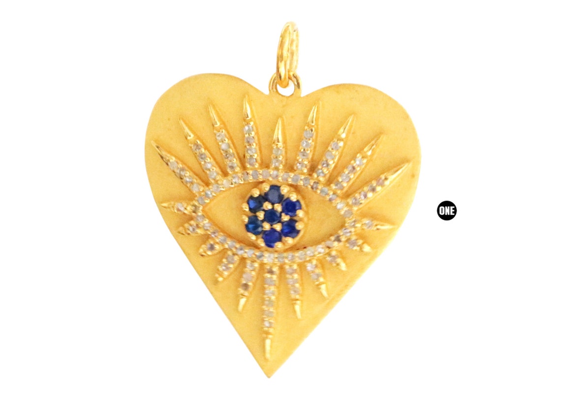 Pave Diamond Evil Eye Heart Pendant With Blue Sapphire, Heart Pendant ...