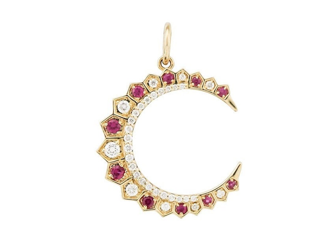14K Solid Gold Pave Diamond & Ruby Crescent Moon Pendant, (14K-DP-036 ...