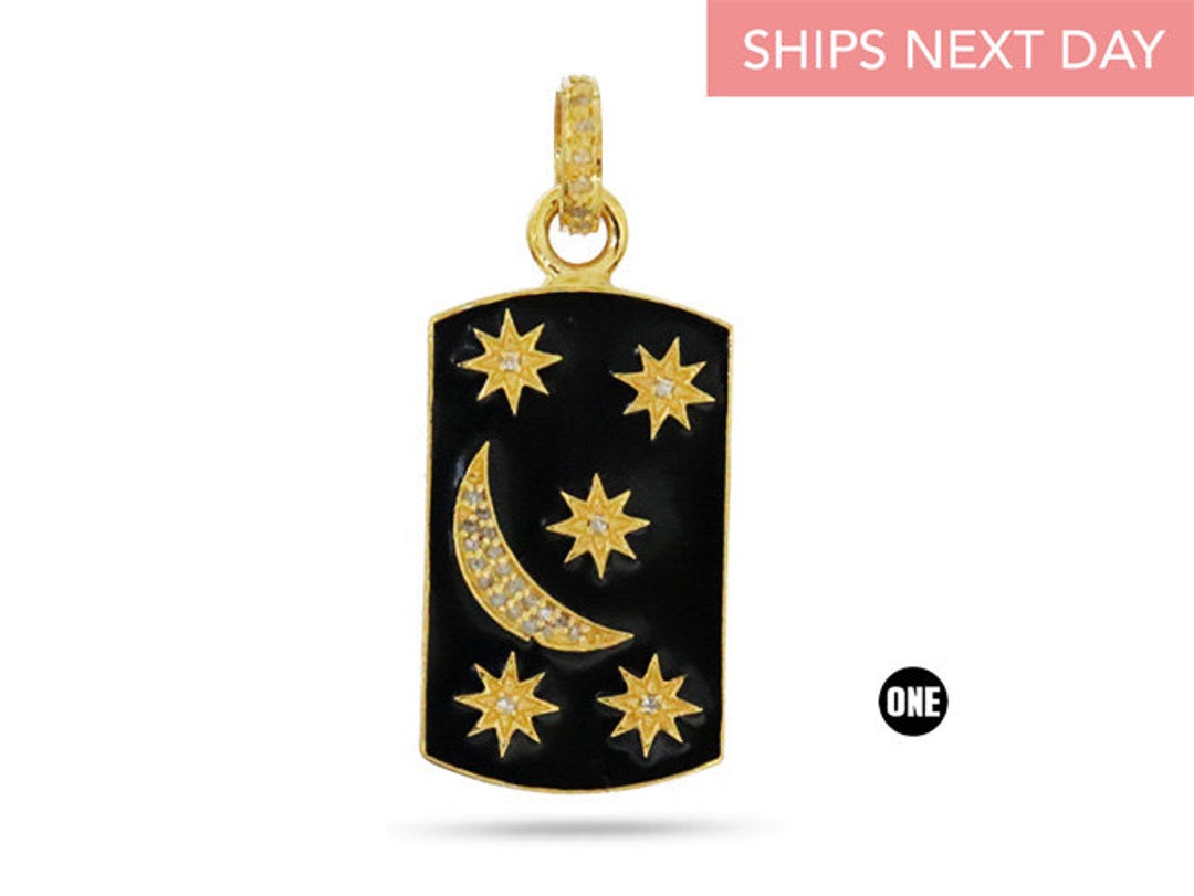 Sterling Silver, Pave Diamond Night Sky Moon and Star Enamel Pendant ...