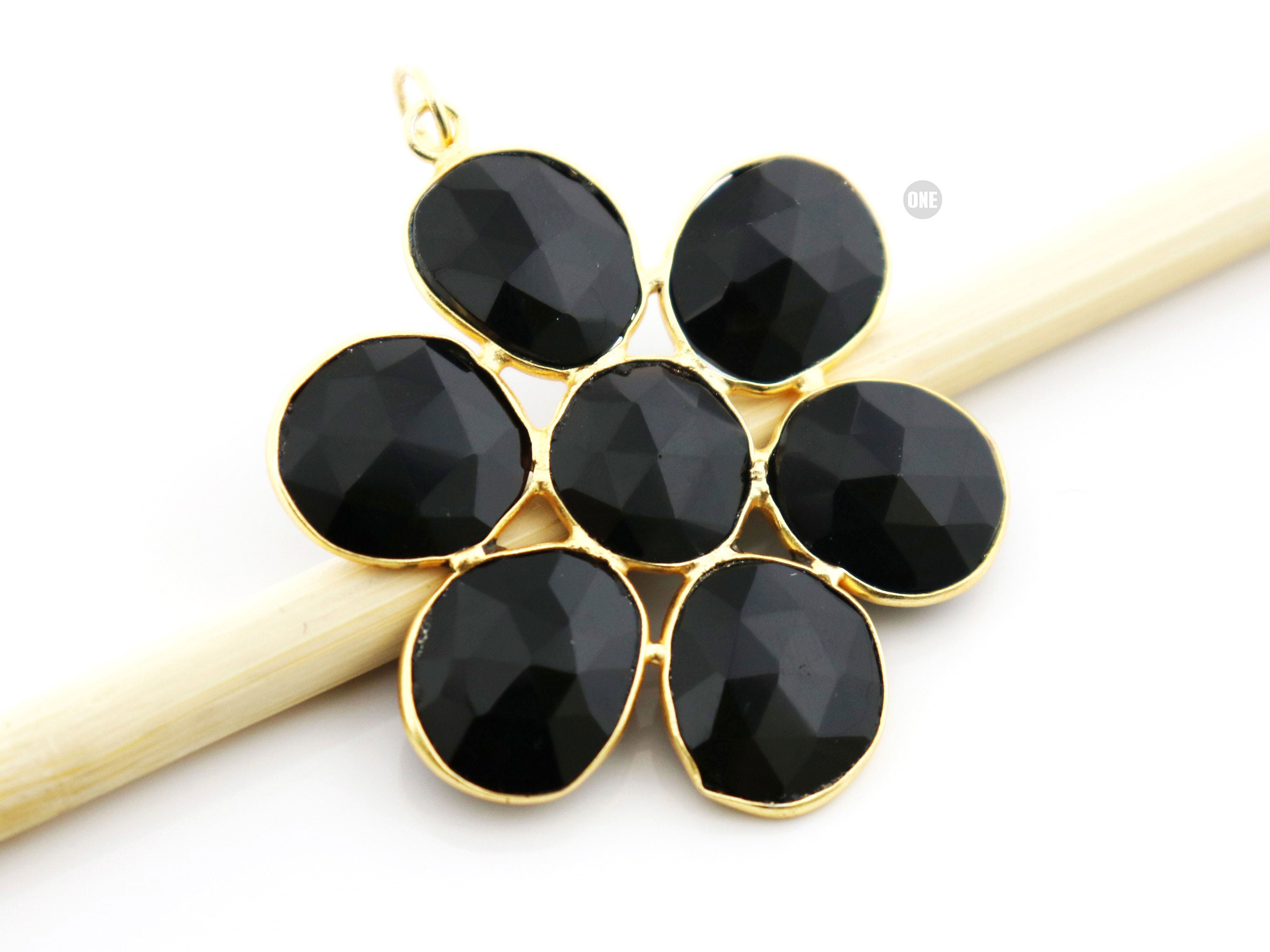 Gold Plated Faceted Black Onyx Flower Pendant 40x37 Mm - Etsy