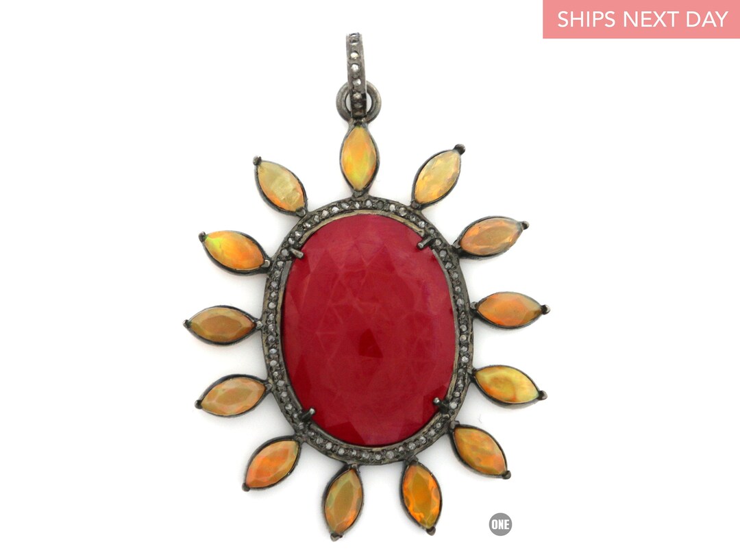 Sterling Silver, Pave Diamond Ruby and Opal Stardust Pendant, 7019-DRB ...