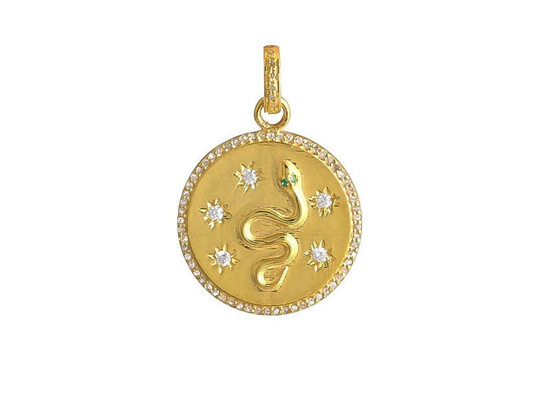 Sterling Silver, Pave Diamond Large Snake on Disc Medallion Pendant ...