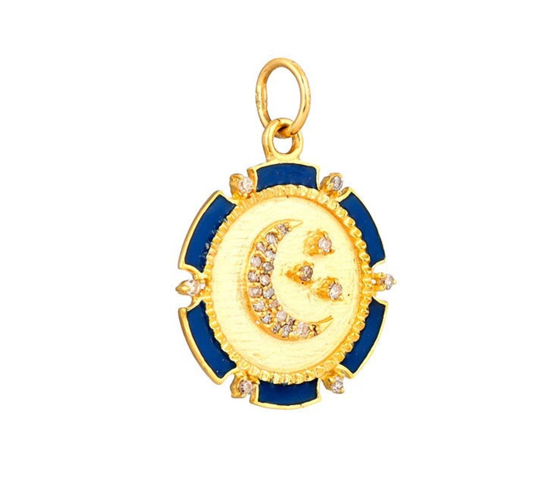 14k Solid Gold & Pave Diamond Celestial Moon and Star Enamel Pendant ...