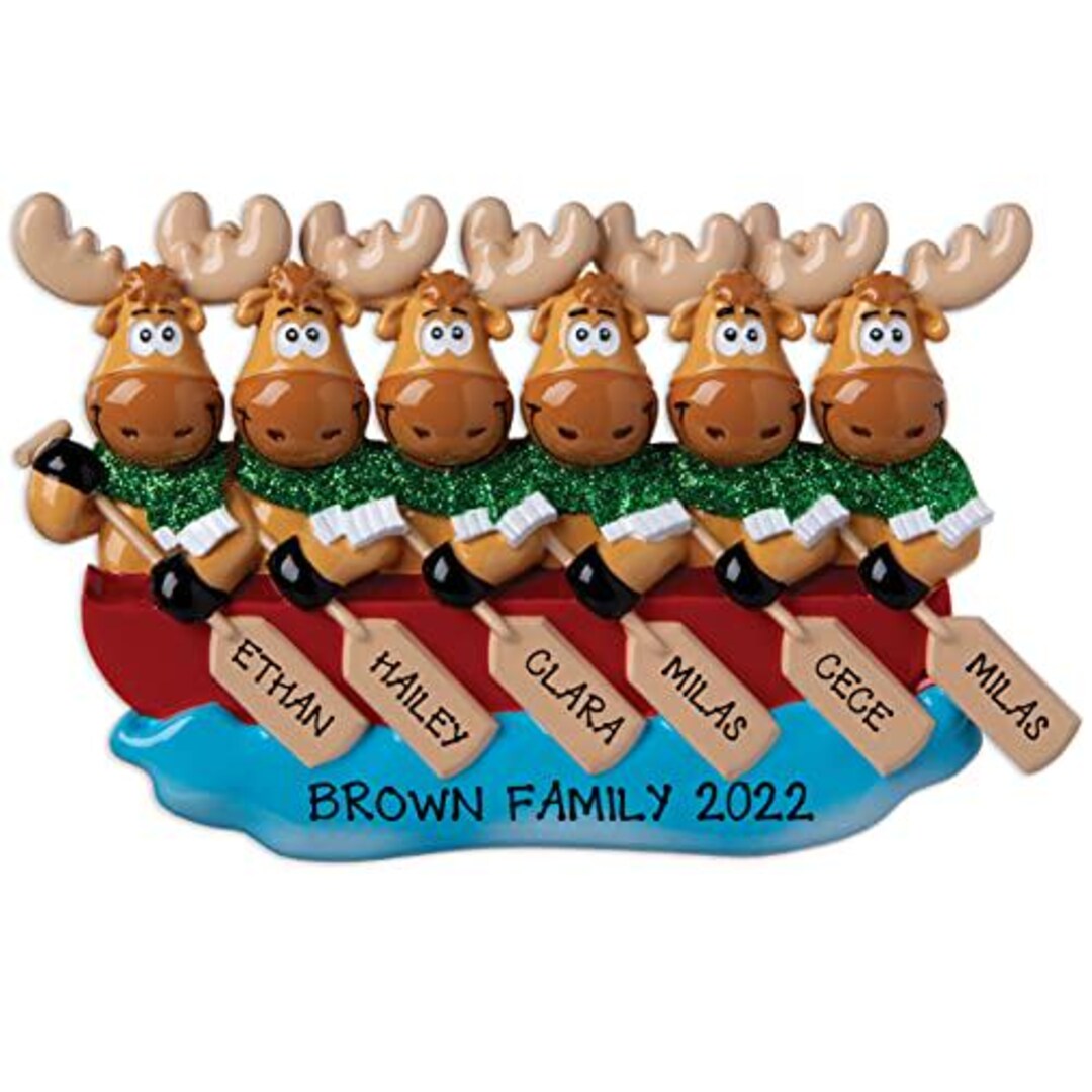 Moose Family of 6 on Canoe Personalized Christmas Tree Hanging Ornament ...