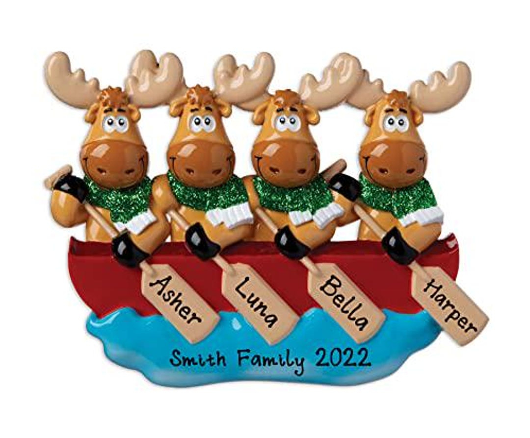 Moose Family of 4 on Canoe Personalized Christmas Tree Hanging Ornament ...