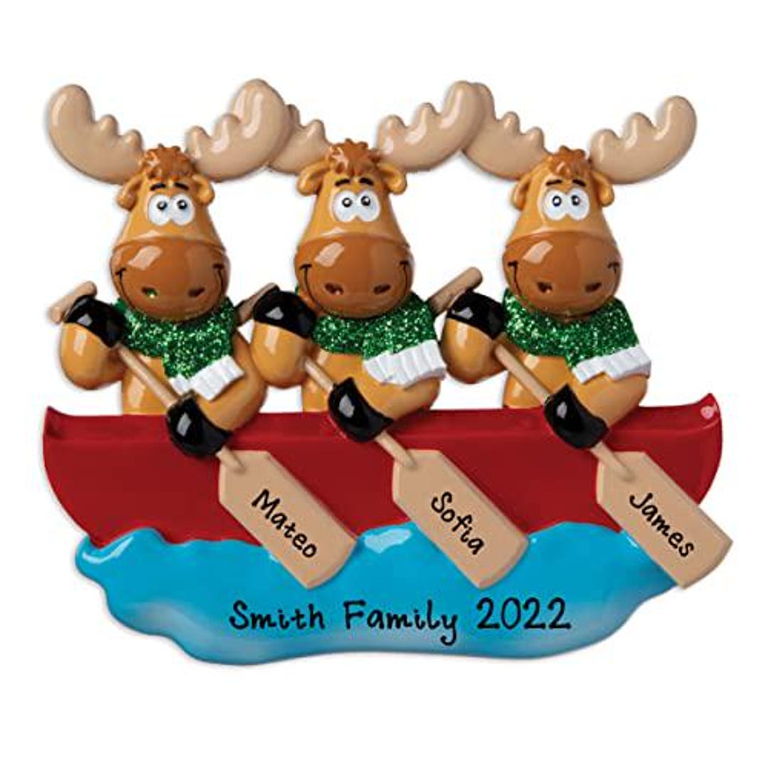 Moose Family of 3 on Canoe Personalized Christmas Tree Hanging Ornament ...
