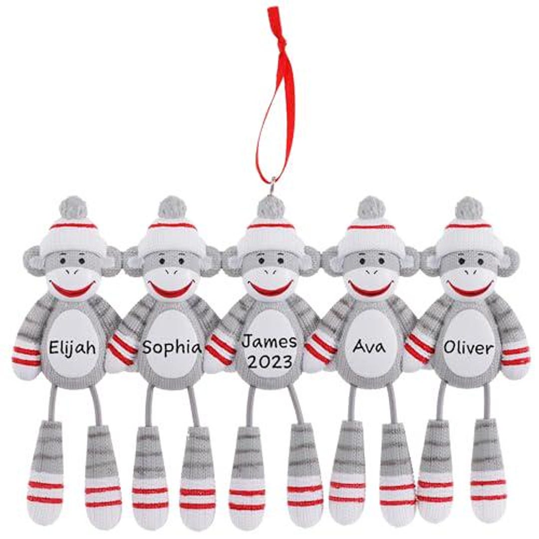 Personalized Sock Monkey Family Ornament - Present Gift (family of 5 ...