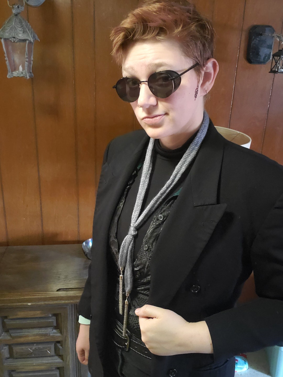 Crowley Good Omens Cosplay Scarf, Knitted Grey With Chain Tassles ...