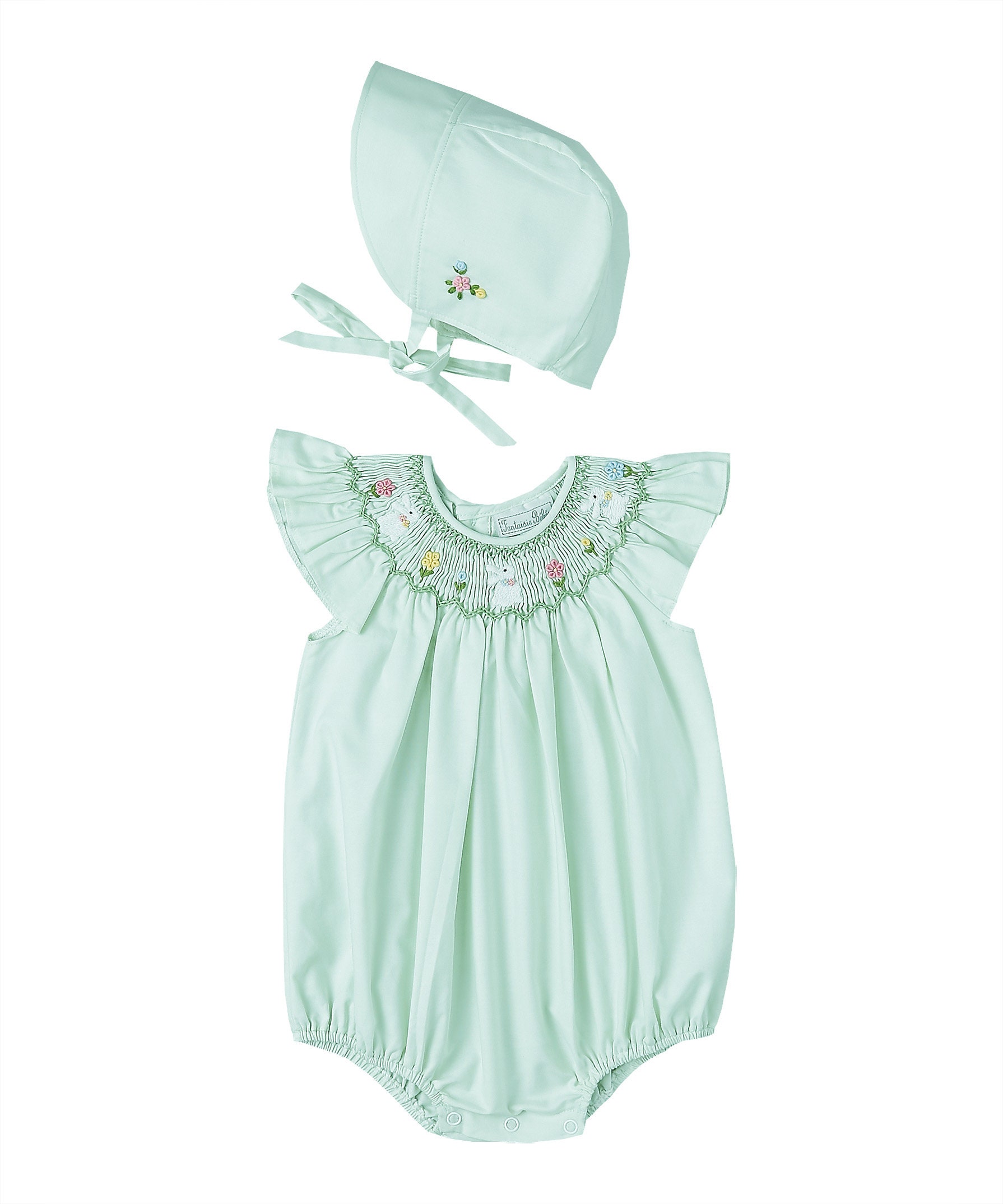 Green Smocked Bunny Angel Sleeve Bubble & Bonnet - Etsy