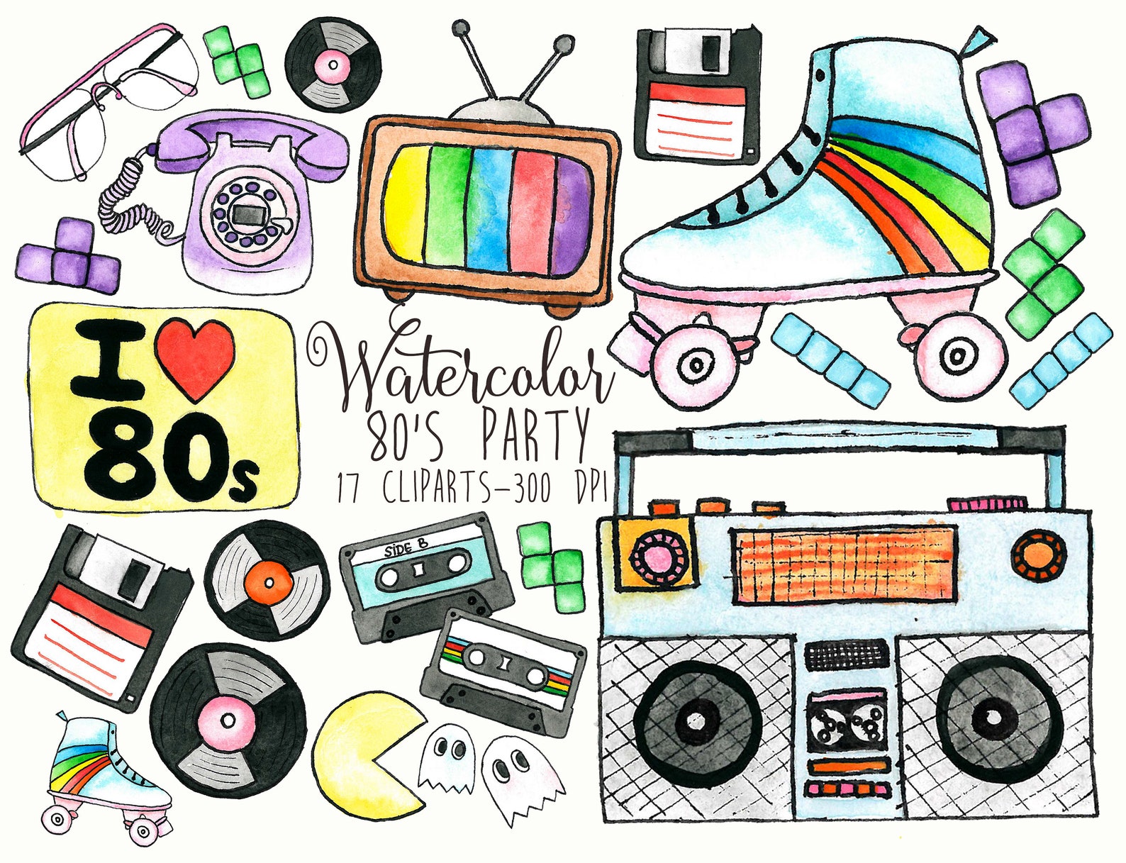 80's Party Clipart Watercolor 80s clip art Retro clipart | Etsy
