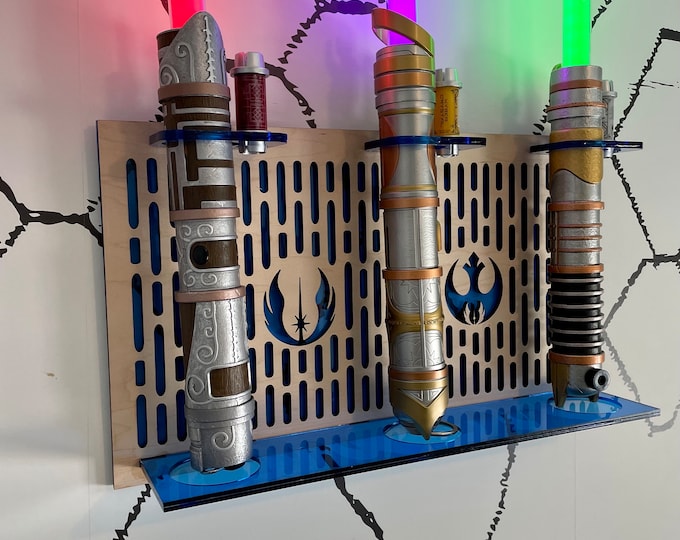 Triple Acrylic/ Wood and Acrylic Lightsaber Stand for Lightsaber Display With Kyber Lightsaber ...