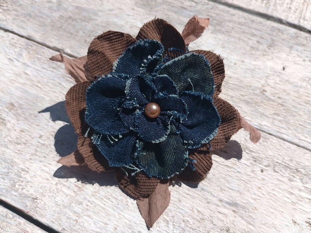 Rustic Denim Dress Flower Boho Jeans Flower Brooch Shabby Shic Denim ...