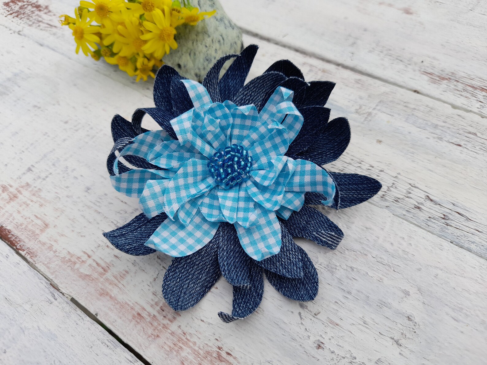 Fabric Flower Blue Brooch Shabby Shic Denim Flower Pin Rustic Denim ...