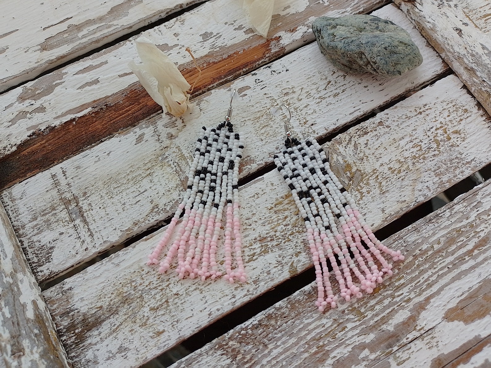 White Beaded Earrings Beadwork Jewelry Flower Earrings Dangle Beaded ...