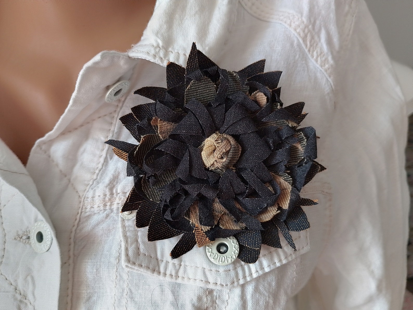 Black Boho Fabric Flower Brooch Shabby Shic Denim Flower Pin - Etsy