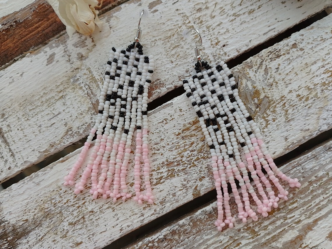 White Beaded Earrings Beadwork Jewelry Flower Earrings Dangle Beaded ...