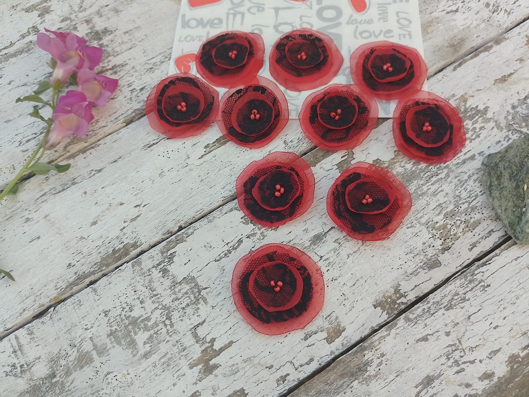 Red Black Chiffon Flower Appliques: Handmade Lace Floral Embellishments ...