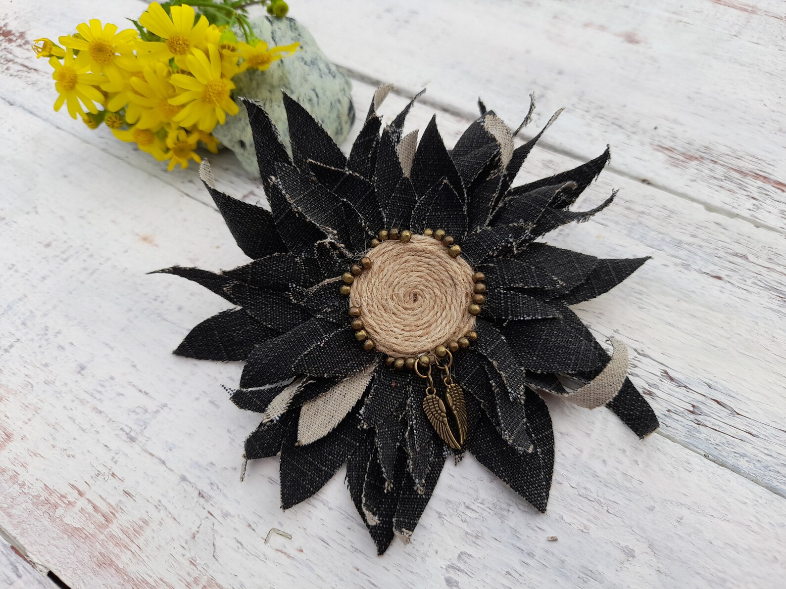 Denim Black Dress Flower Fabric Flower Brooch Shabby Shic Denim Flower ...